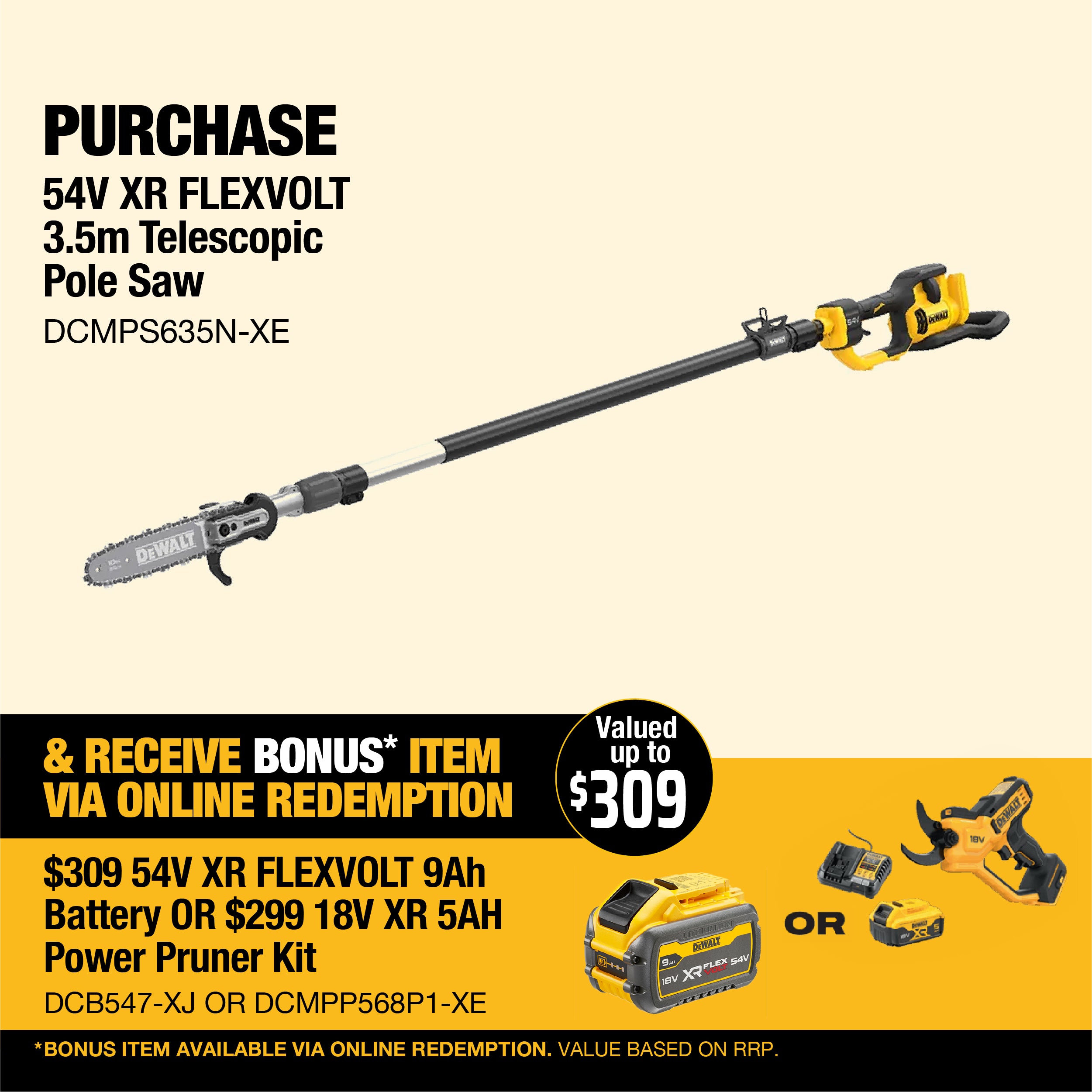 DeWALT 54V XR FLEXVOLT 3.5m Telescopic Pole Saw - Designed for efficie ...